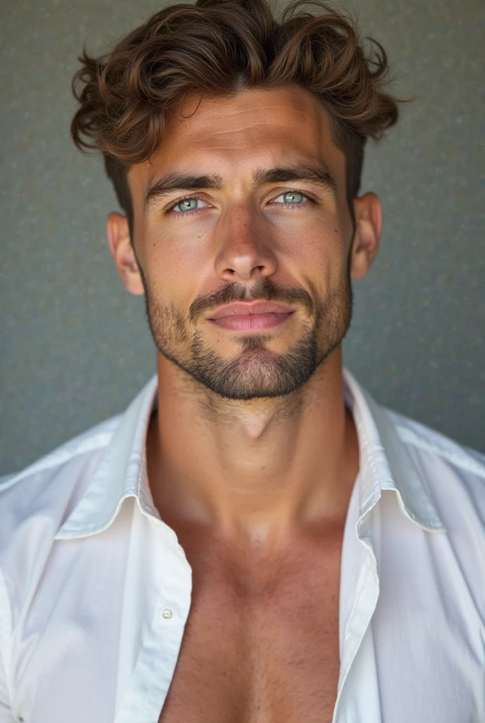An attractive young man with wide blue almond eyes and a straight nose ...