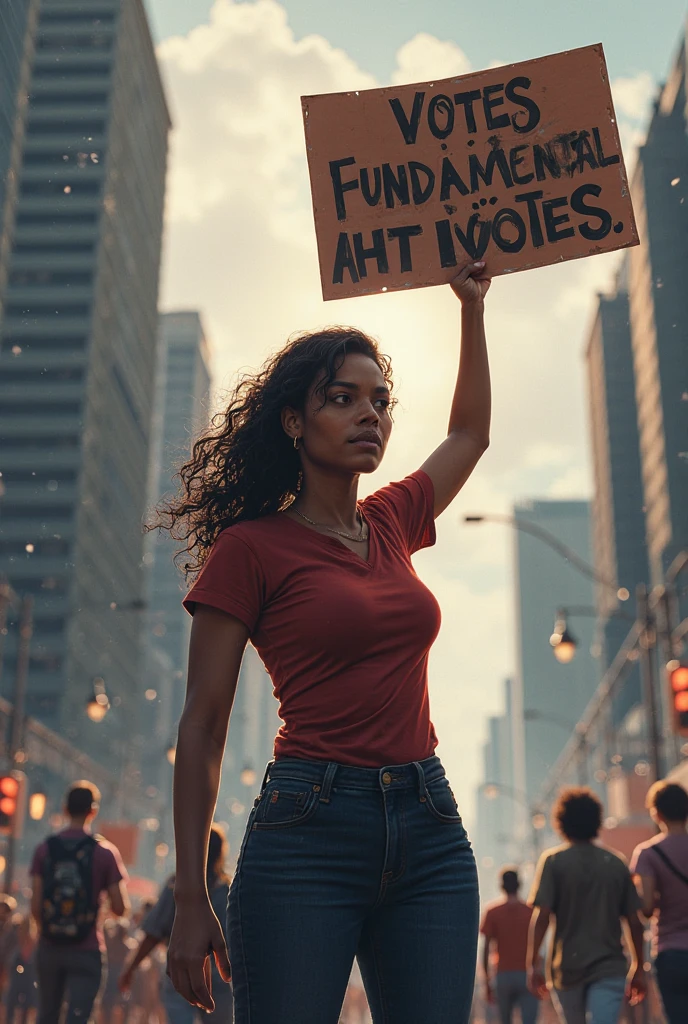A woman with a sign that says "We want to vote!! - SeaArt AI