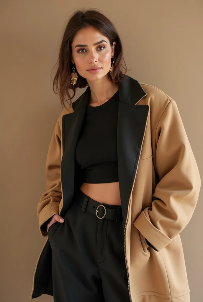 Woman wearing a black and tan outfit and a beige and black jacket ...