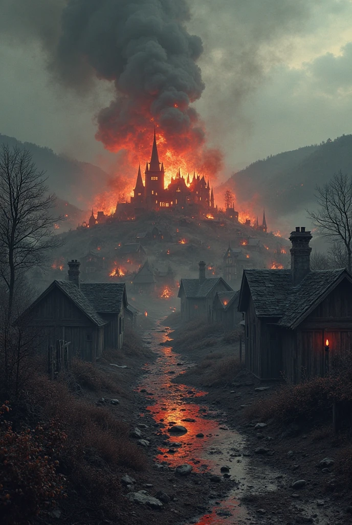 An old village dominated by evil energy, burning houses with few ...
