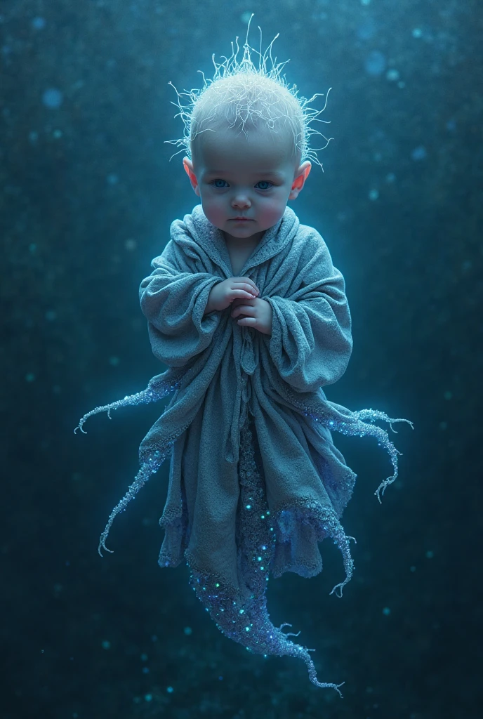 A pale human baby with smooth, luminescent skin tinged with deep ...