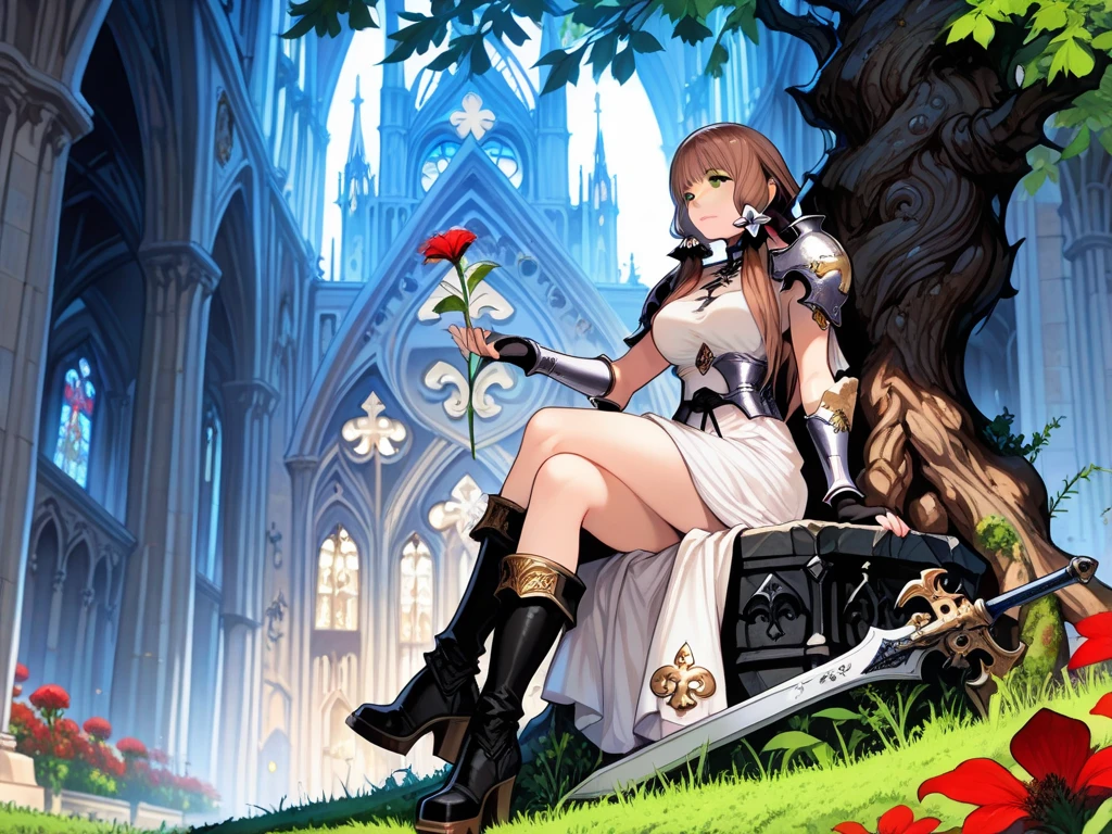 (Knight Templar), ((Woman), (Brown Skin), (Green Eyes), (Long Brown Hair - SeaArt AI