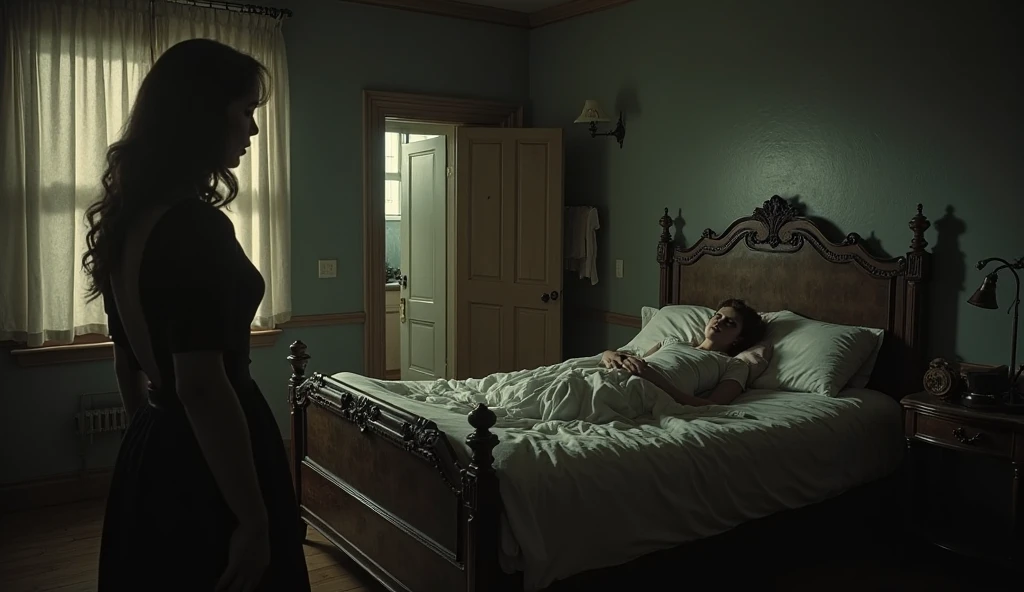 Prompt: A dimly lit, vintage hotel room from the 1950s. Mrs. Kaye lies ...