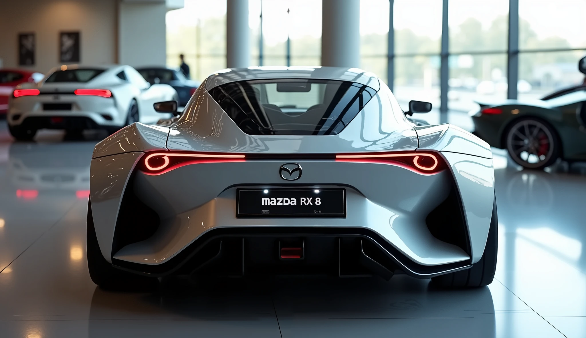 A close up of a car in a showroom with other cars - SeaArt AI