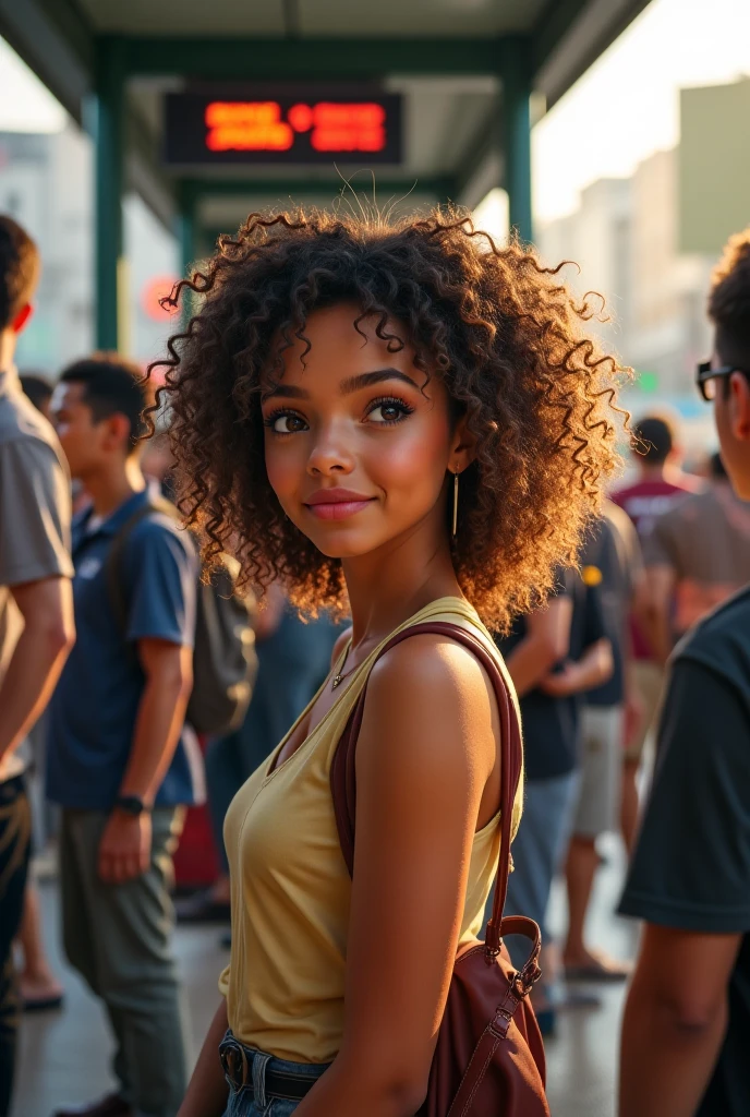 at the bus stop, among these ren, one is approximately, She must have ...