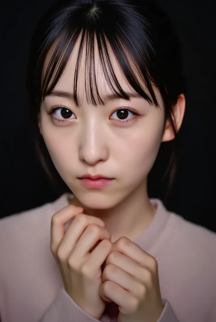 This image is a close-up portrait of a young woman, Shaved Head - SeaArt AI