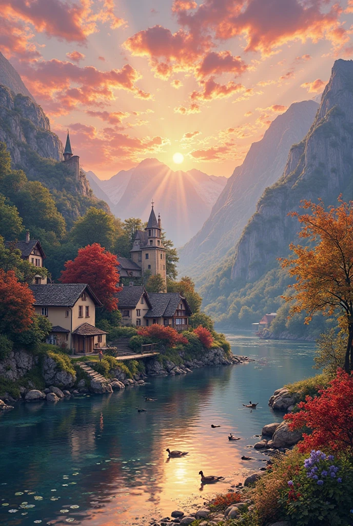 A small village by the river, mountains in the background, floral ...