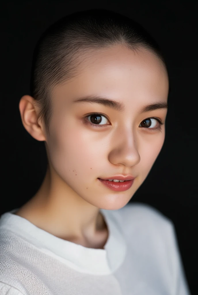This image is a close-up portrait of a young woman, Shaved Head - SeaArt AI