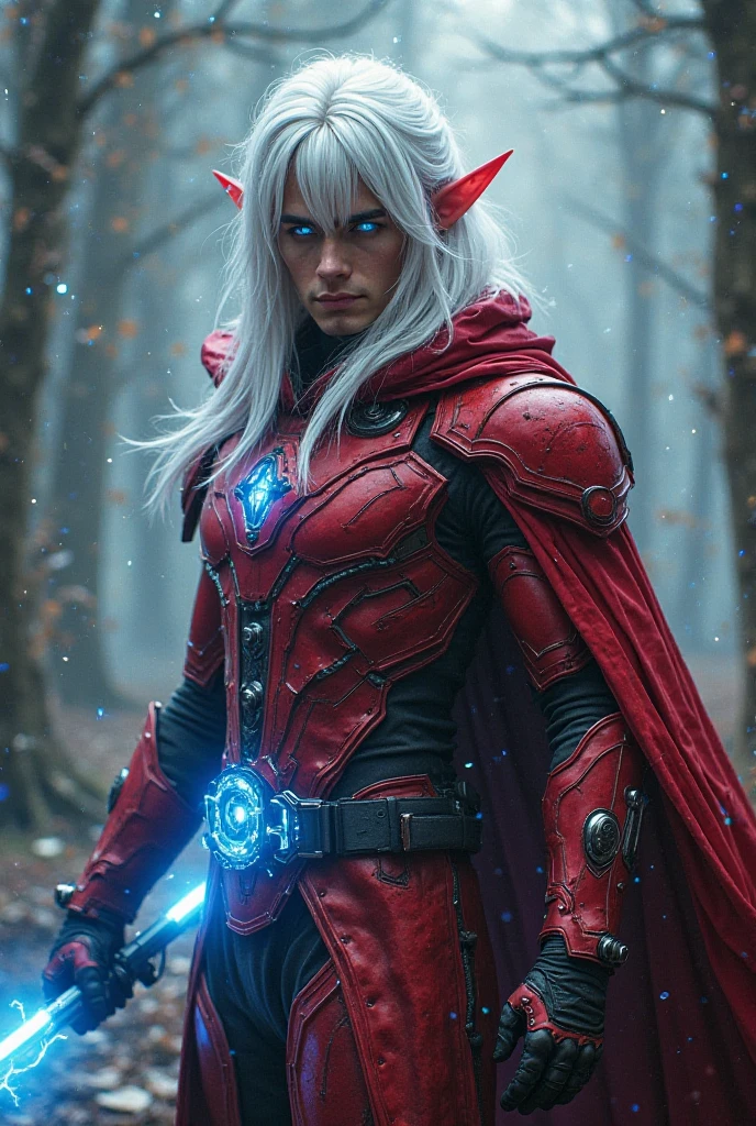 Create an image of a futuristic male elf in a red suit in the form of ...