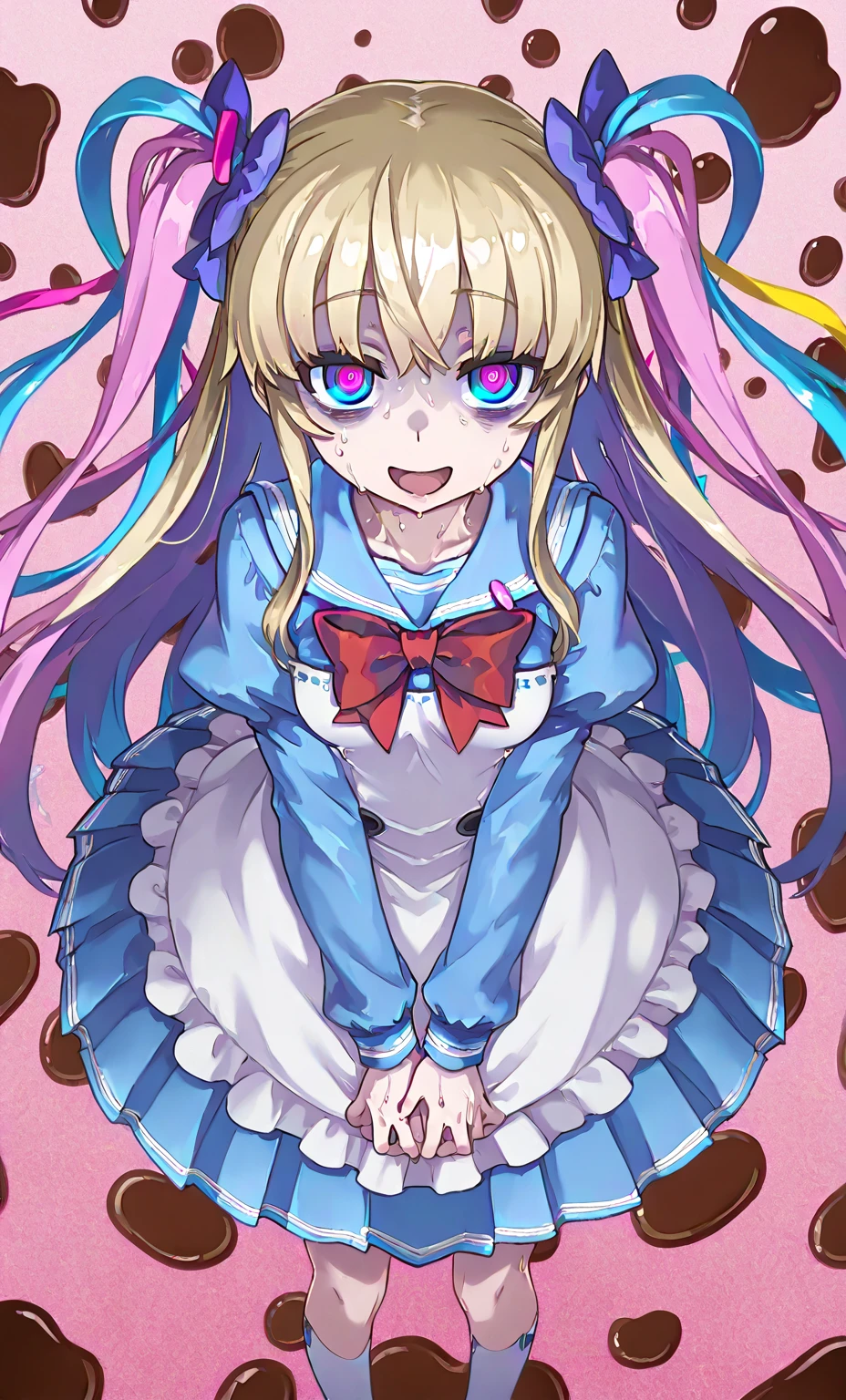 1 girl, blonde hair, pink_hair, bow, blue_hair, hair_bow, light skin ...