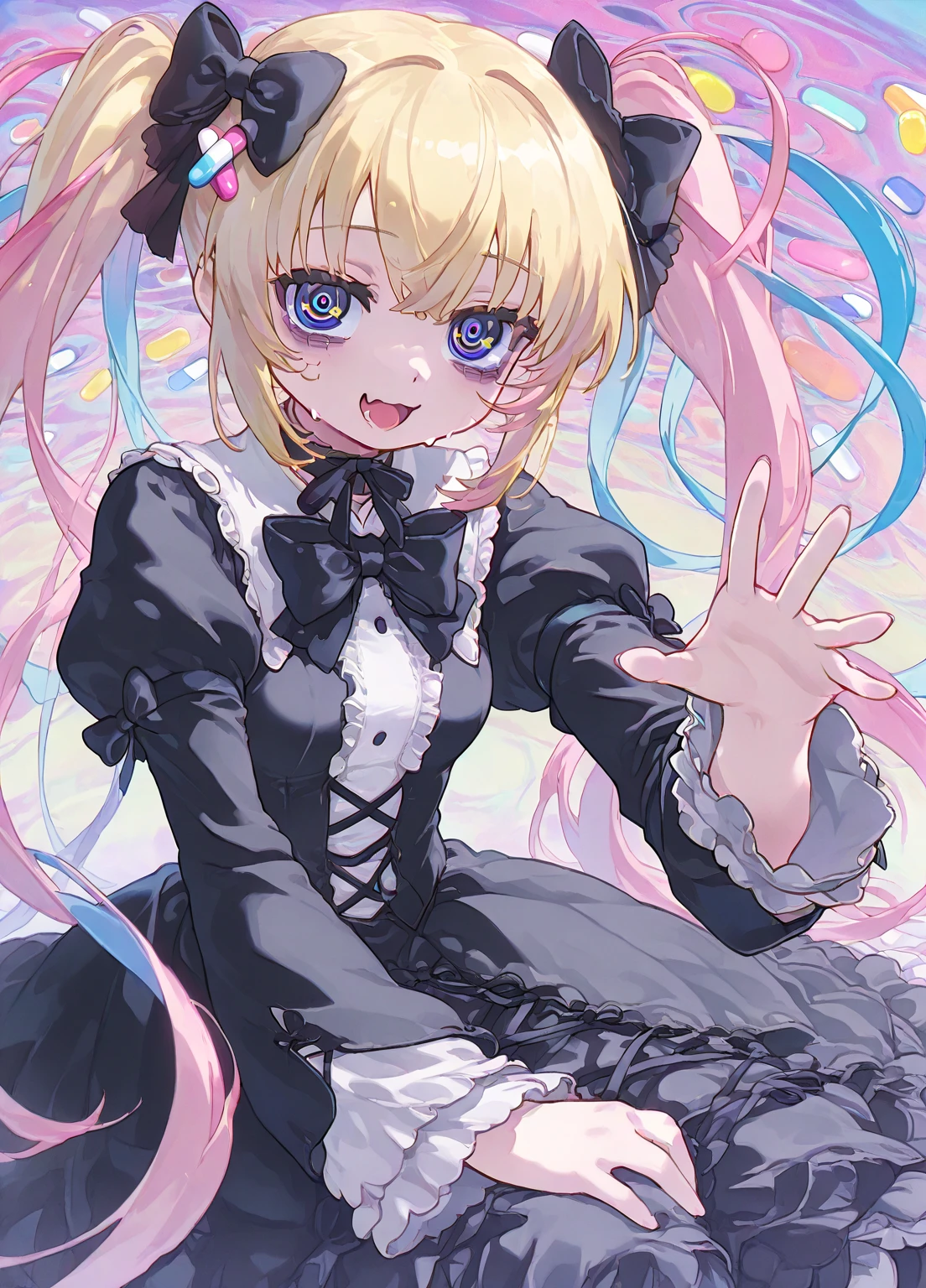 1 girl, blonde hair, pink_hair, bow, blue_hair, hair_bow, light skin ...