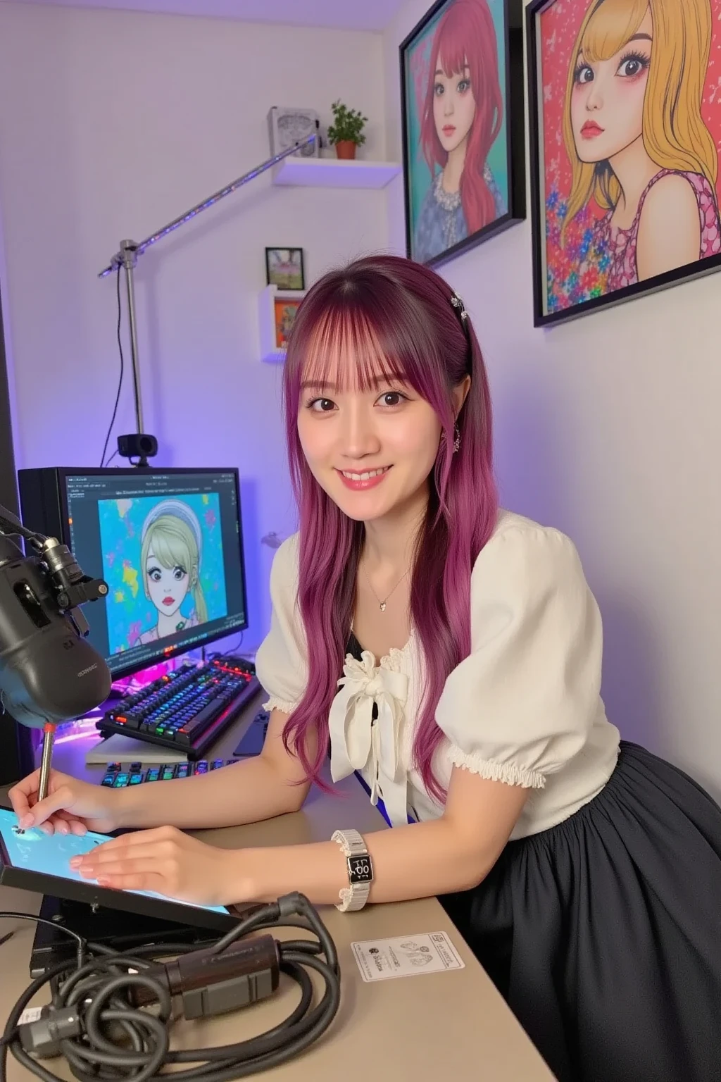 "An anime-style virtual YouTuber (VTuber) character sitting at a desk ...