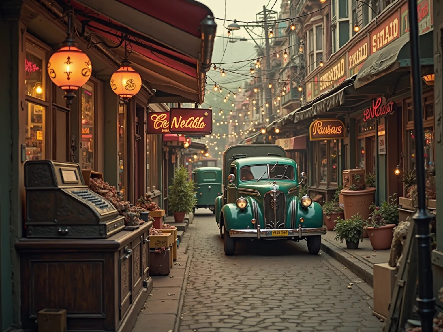 A nostalgic street scene featuring charming retro storefronts with ...