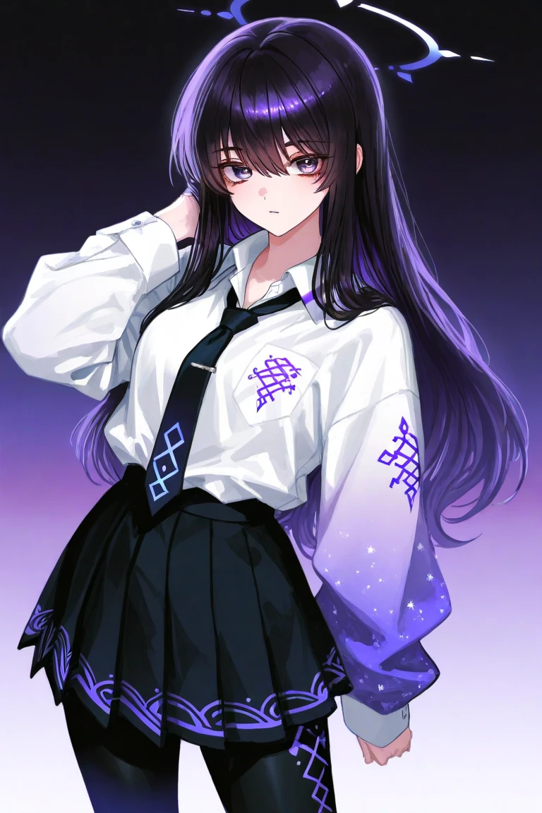 A manhwa highschool girl with black long hair with violet gradient on ...