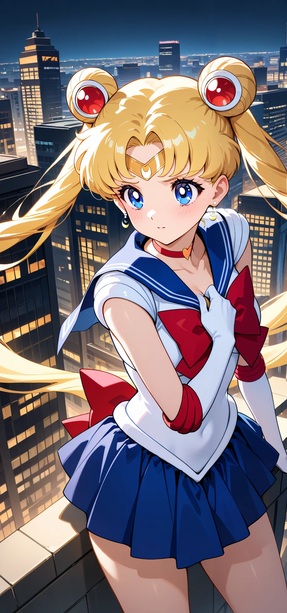 Sailor girl standing on a rooftop overlooking a city at night - SeaArt AI