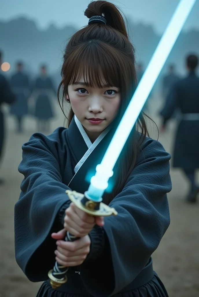 A samurai girl with long, disheveled hair and a Japanese sword in her hand - SeaArt AI