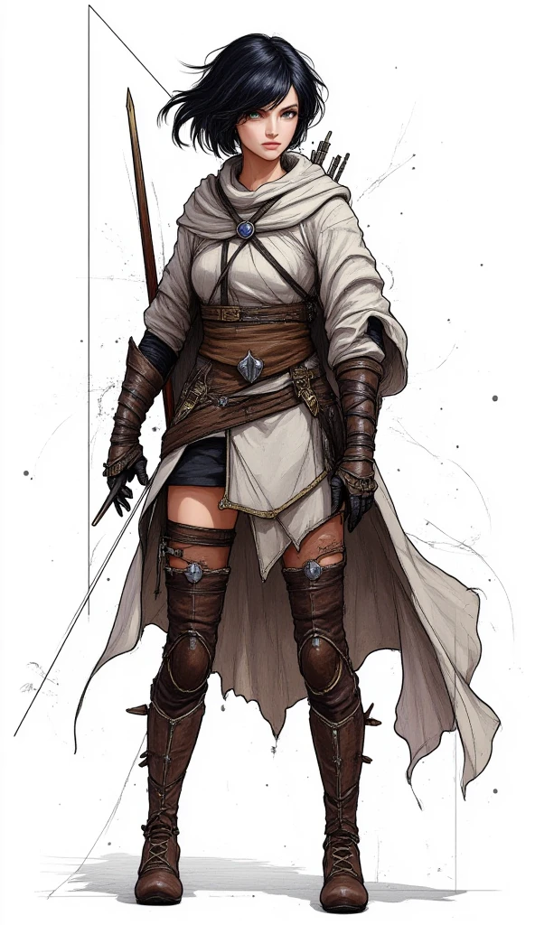 Line art, A girl with short black hair windswept style, green eyes ...