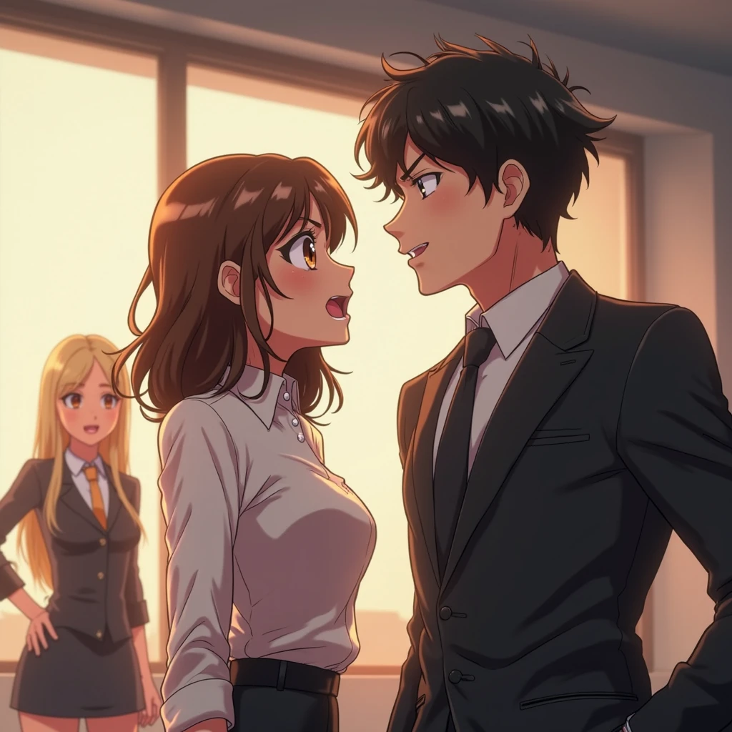 "An anime-style scene featuring three main characters in a modern ...