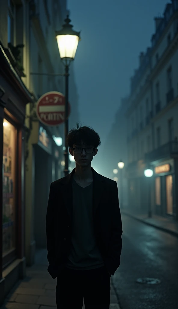 A dark Paris street at night with mist and shadows. A mysterious ...