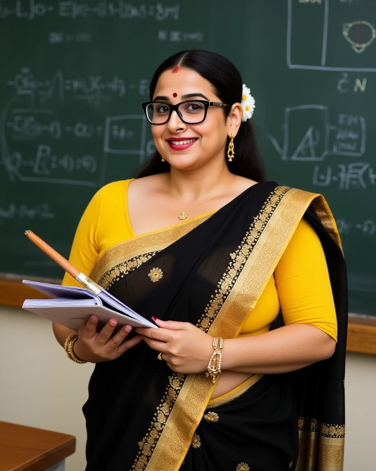 A curvy Indian aunty in a classroom setting, wearing a black saree with ...
