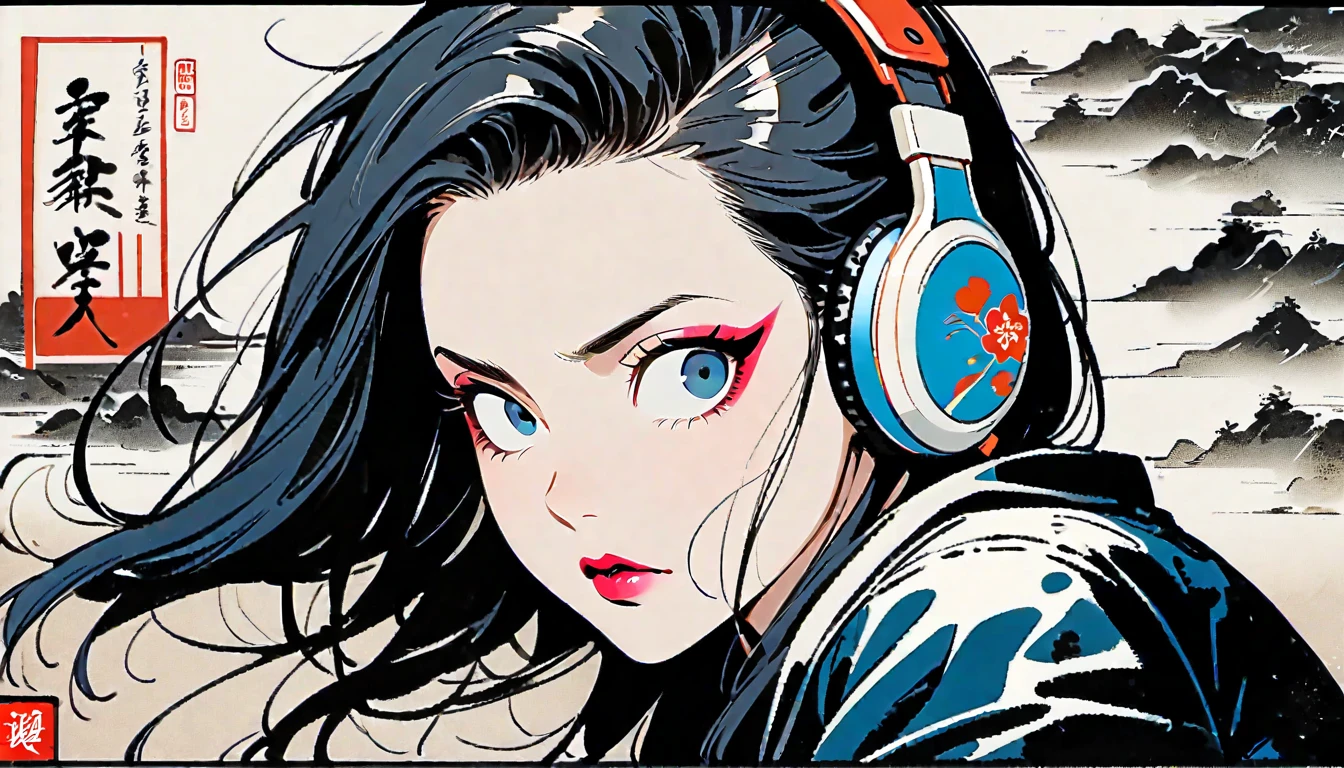 ink painting))), (((face close-up))), ((( 1girl ))), (((Japanese ...