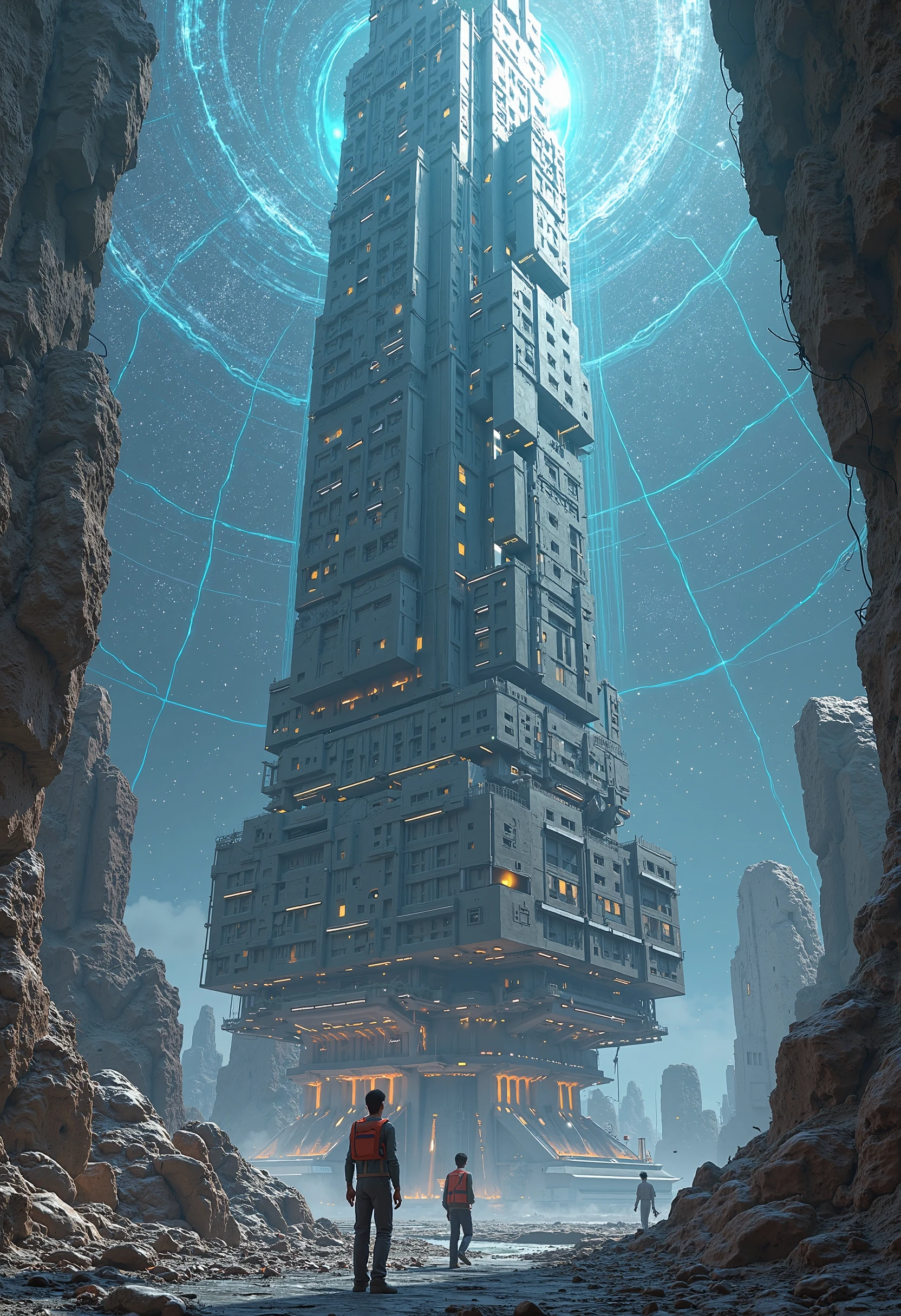 世界の宇宙の不思議, ハイブリッドアーキテクチャ, 最小の詳細, 立方体の建物が高さまで伸びる都市シミュレーションに似た機械的な宇宙船の ...