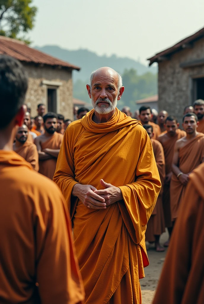 An old wise monk in saffron robes standing in the village center ...