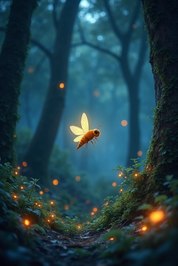 Prompt: "A small glowing firefly named Sparkle flying through a magical ...