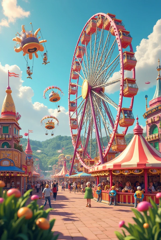 Create a 3D amusement park for me, and include Ferris wheels and swings ...