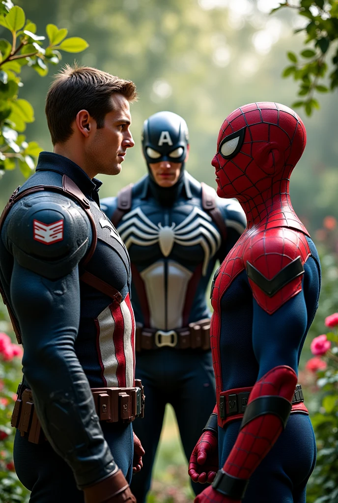 "Captain America, Venom, and Spider-Man huddle together in the garden ...