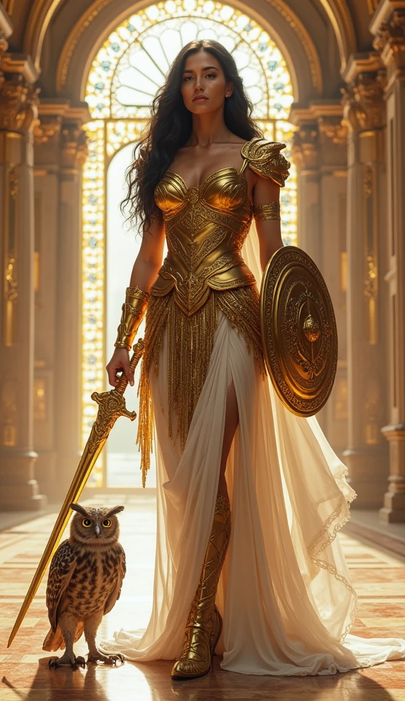 A powerful and majestic goddess of wisdom and war stands in an opulent ...
