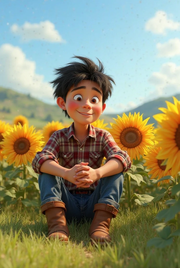 Create a Disney Pixar HD style animation of a black-haired farmer ...