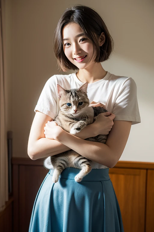 masterpiece，8k， girl holding a kitten，Smile， blue eyes， short hair ...