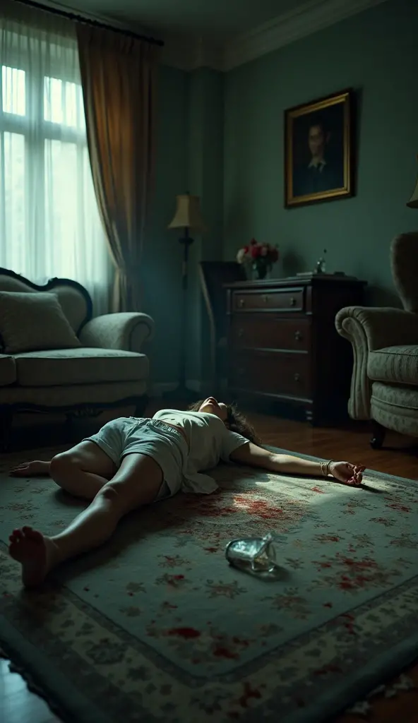 "A dimly lit, cluttered living room with a woman lying motionless on ...