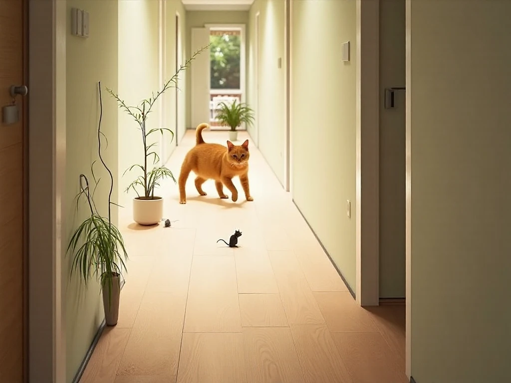 A long hallway inside an apartment with a minimalist and cozy design ...
