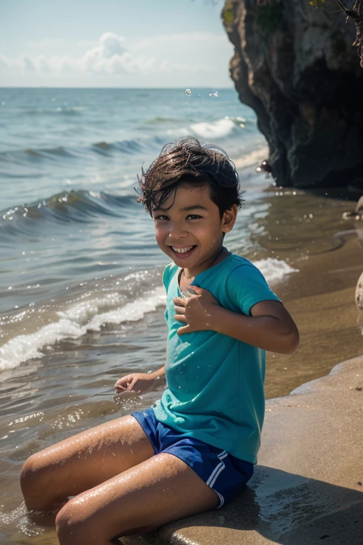 A boy named Raka stands on the sandy shore of a vast ocean. He wears a ...
