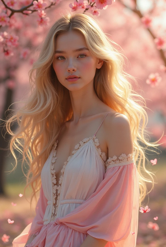 1 girl, blond hair, long floating hair, cherry blossoms - SeaArt AI