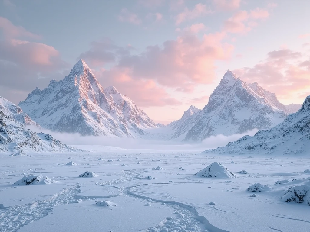 A vast panoramic winter landscape with a snow-covered mountain range ...