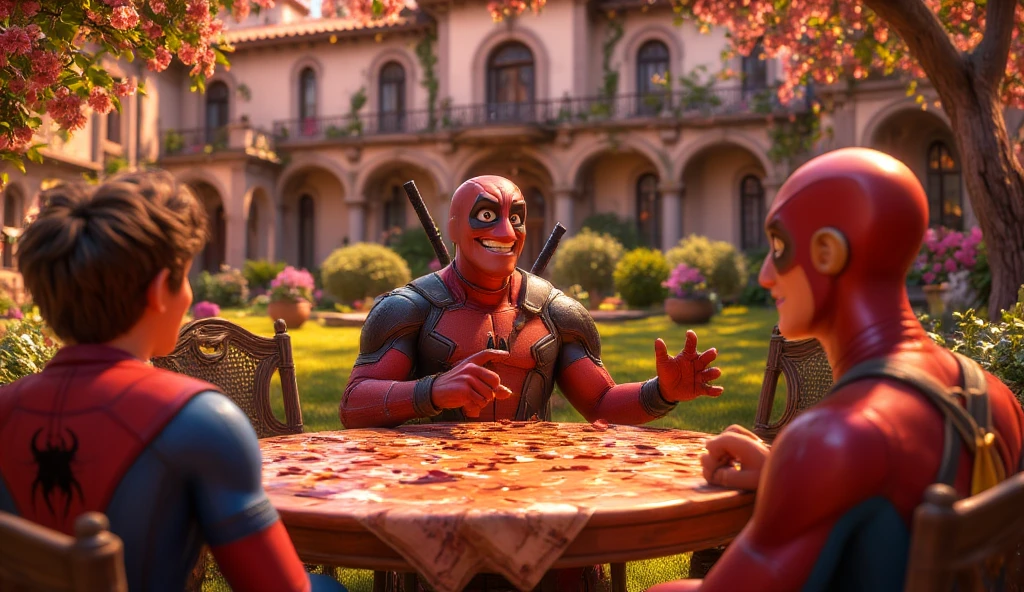 Deadpool sitting casually at a round marble table in a beautiful garden ...