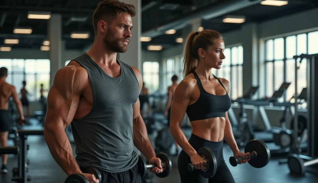A hyper-realistic male and female fitness model working out together in ...