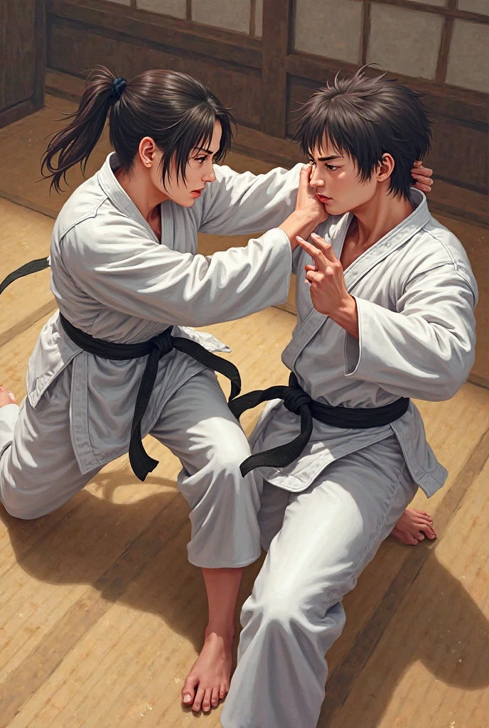 Karate anime girl and karate anime guy fight each other in the mat ...