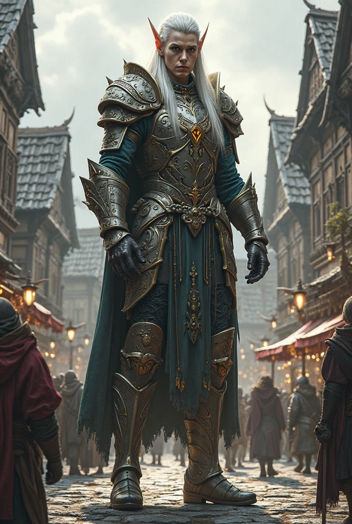 Elf warrior tall in the crowd of people in middle of medieval town ...