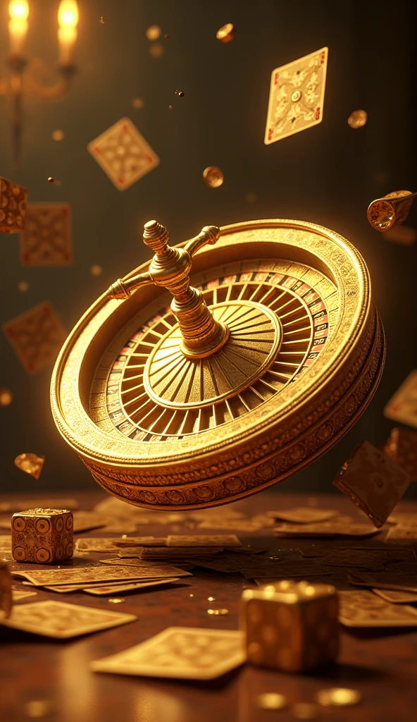 Create for me an image of a golden roulette wheel. with , golden cards ...