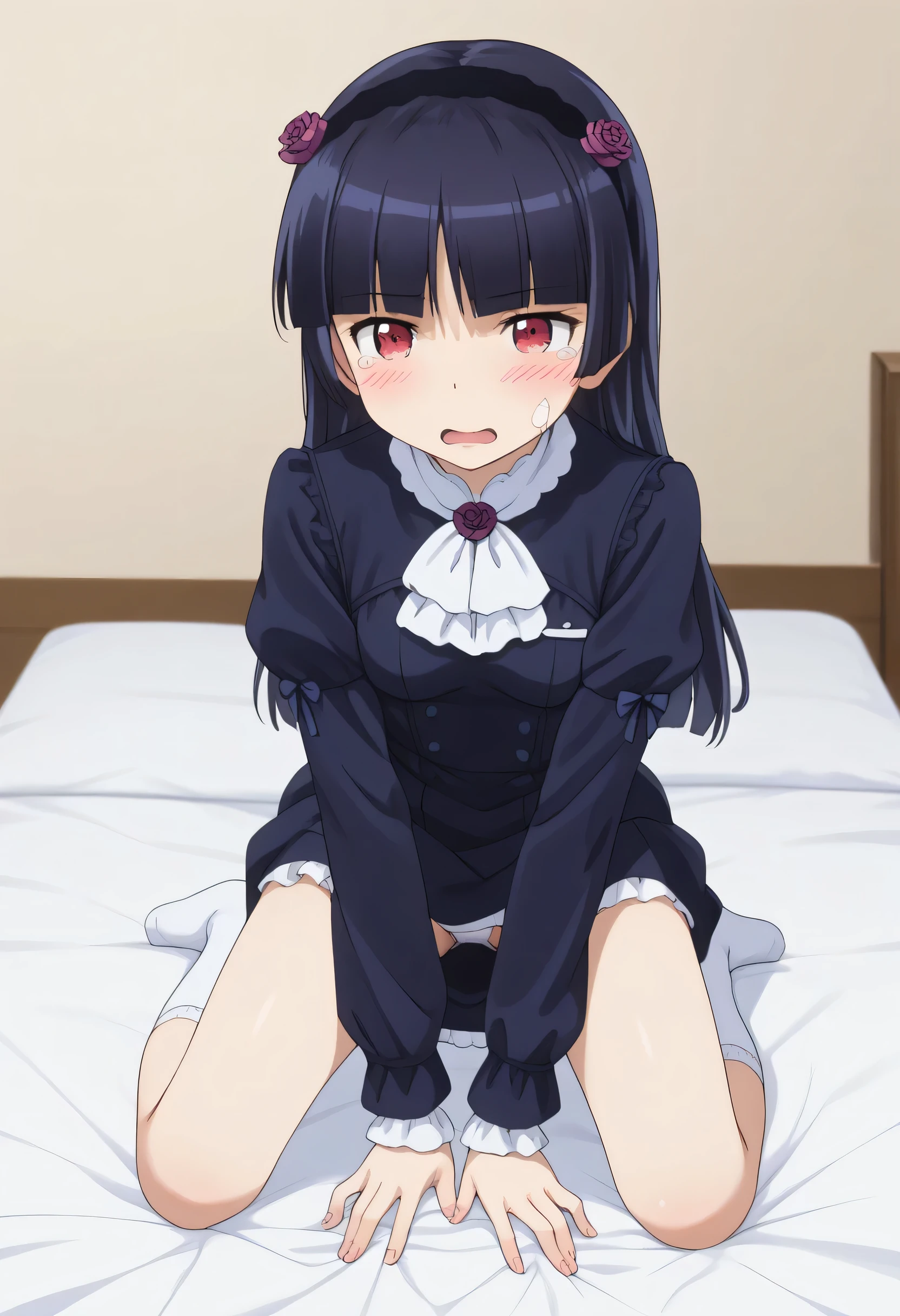 Anime girl sitting on a bed with her legs crossed - SeaArt AI