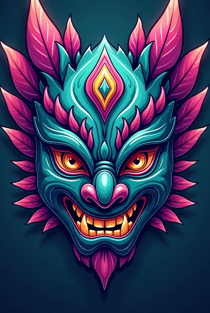 Create a traditional barong mask, the colour is blue green violet ...