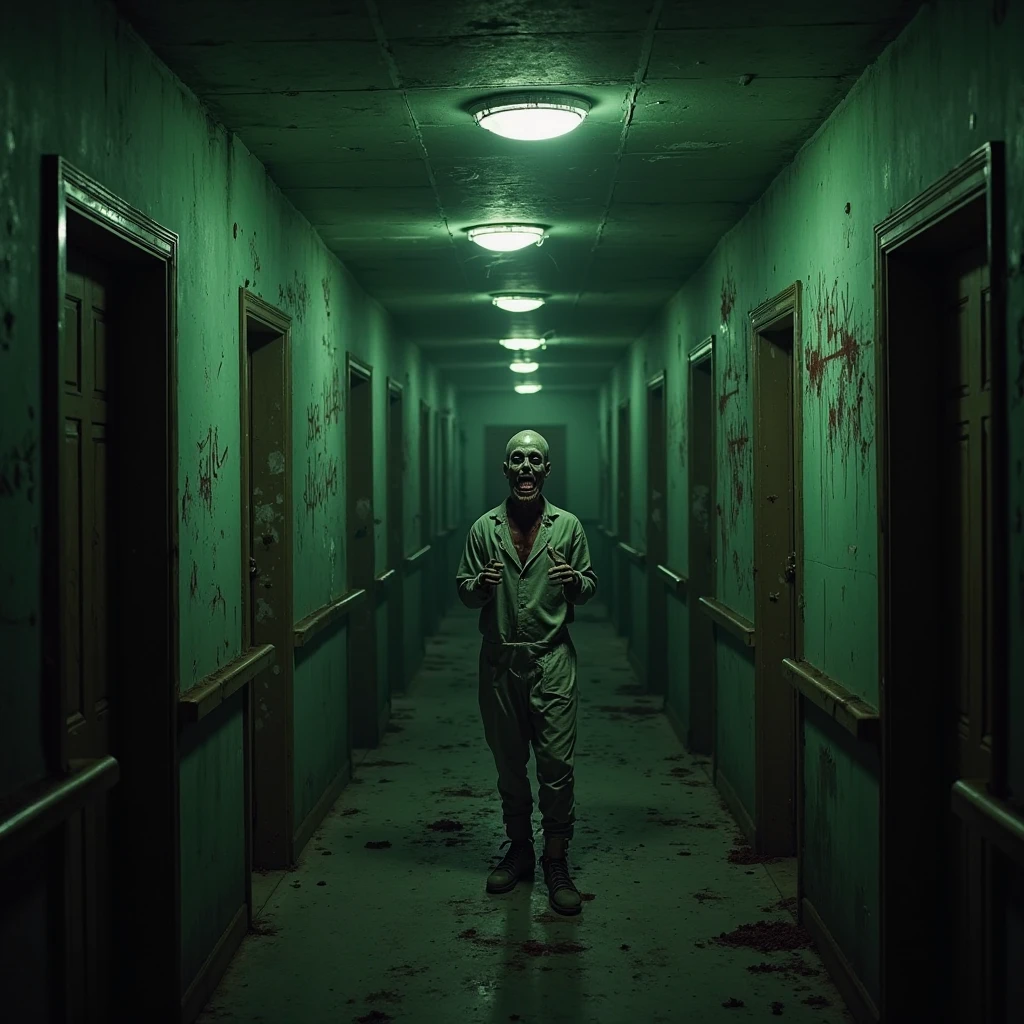 Imagine gloomy, abandoned psychiatric hospital, lit by dull green with ...