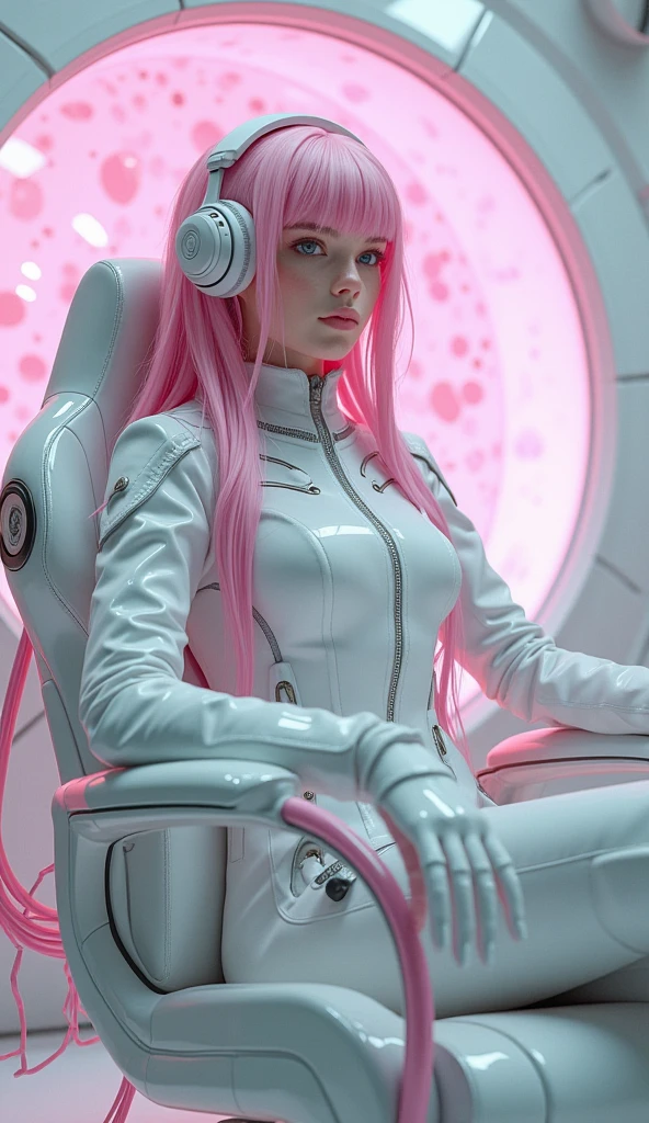 white space lab , cyberwoman with long pink hair sits in a chair ...