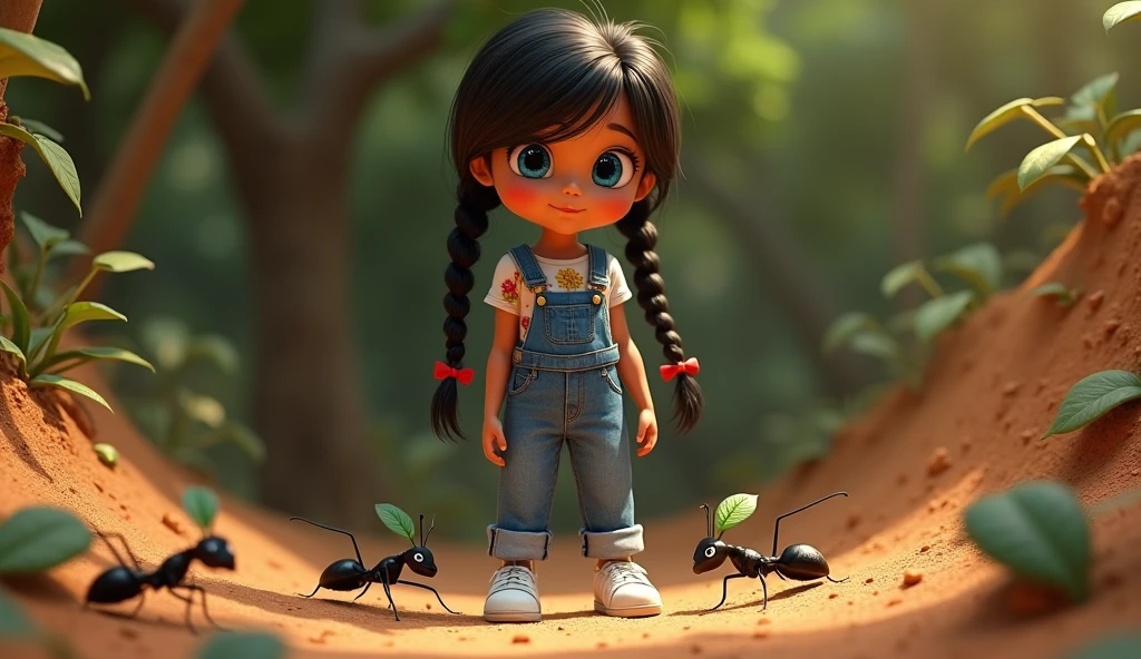 A girl, pele clara, very blue eyes, black hair tied in two braids tied ...