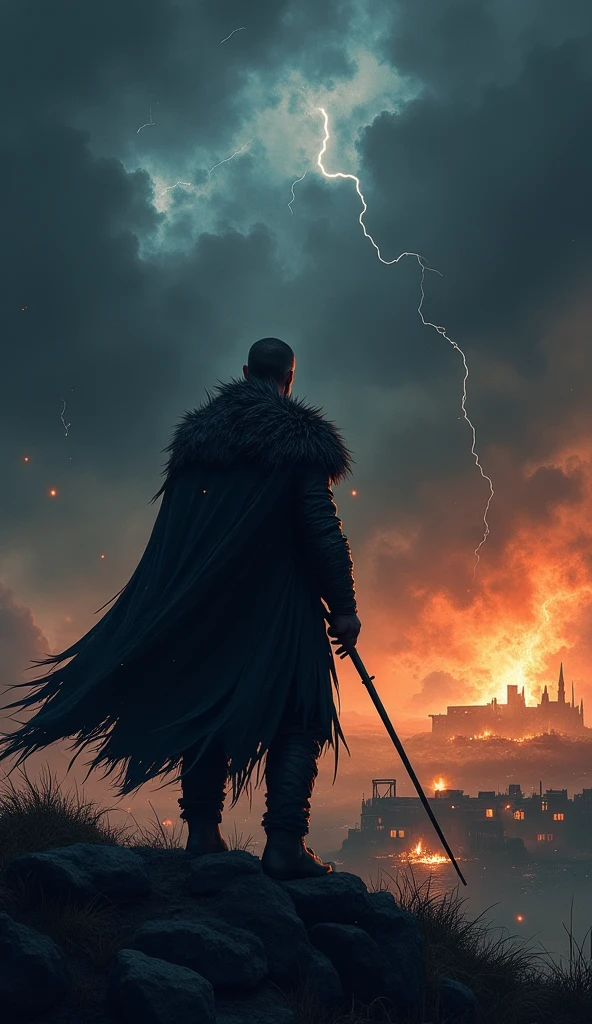 A lone Viking standing atop a hill at night, silhouetted against a ...