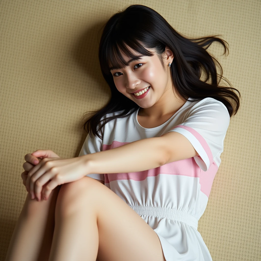 A beautiful Japanese actress is lying on her back、opening her legs and ...